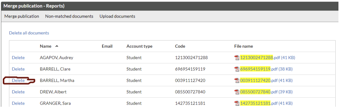 How do I delete or replace a document in a merge publication?