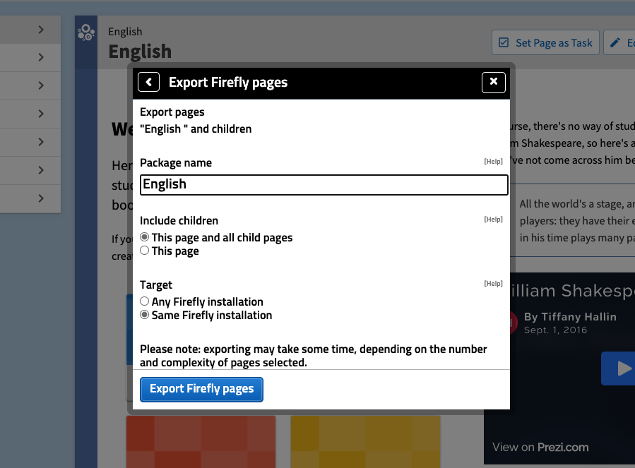 Importing and exporting pages or sections